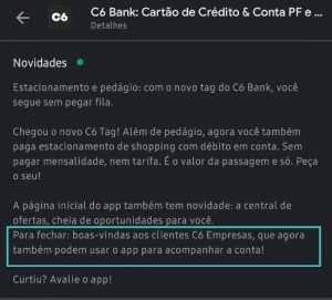 C6 Bank libera acesso da conta PJ pelo aplicativo - Conta-Corrente